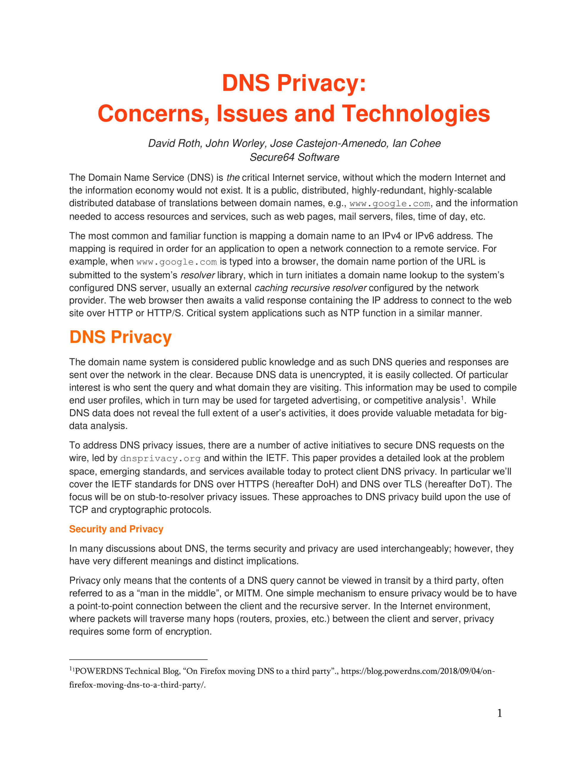 DNS Privacy: Concerns, Issues and Technologies: - Secure64